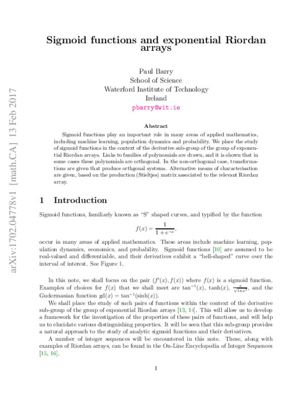 (PDF) Sigmoid functions and exponential Riordan arrays