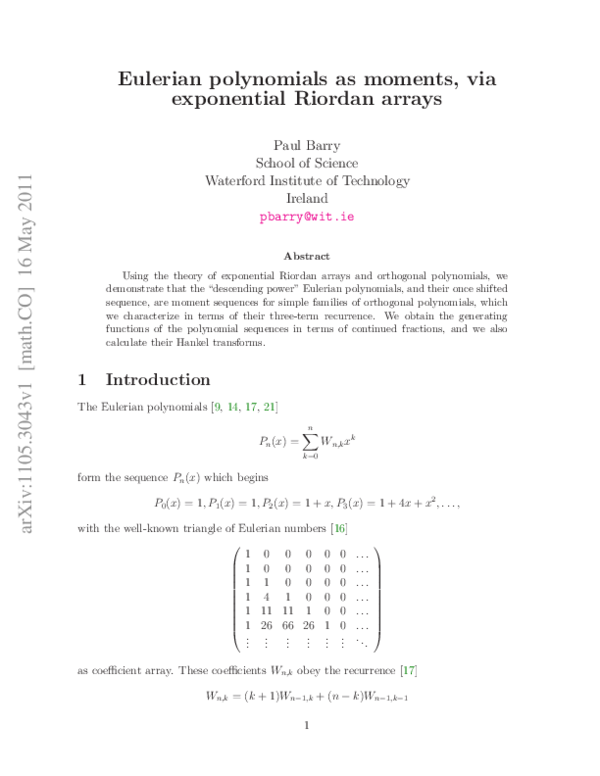 (PDF) Eulerian polynomials as moments, via exponential Riordan arrays | Paul Barry - Academia.edu