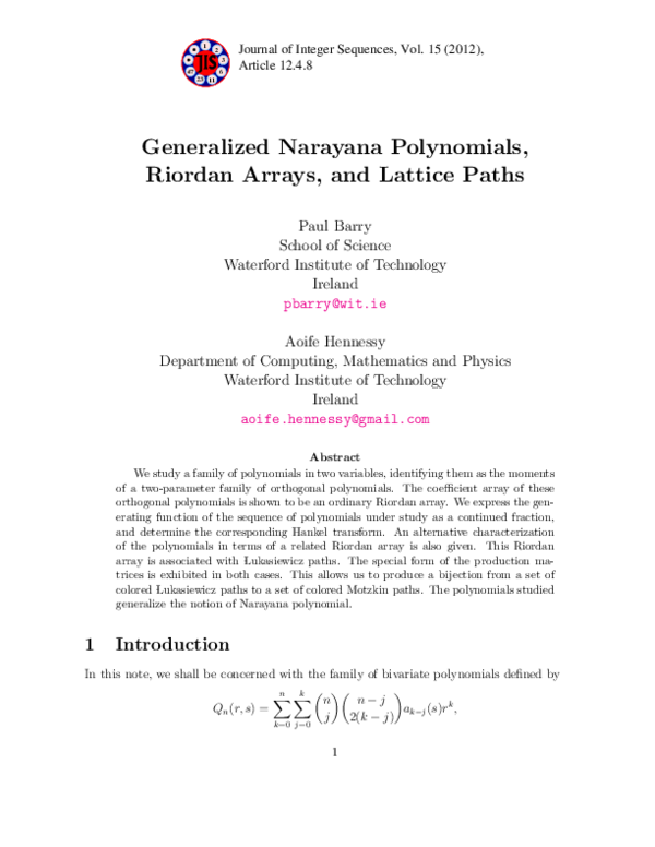 (PDF) Generalized Narayana Polynomials, Riordan Arrays, and Lattice Paths