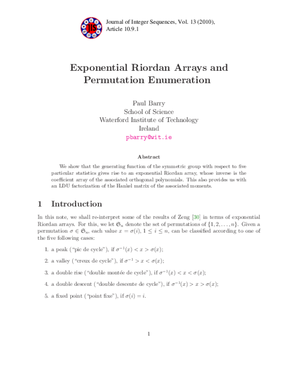 Pdf Exponential Riordan Arrays And Permutation Enumeration Paul Barry