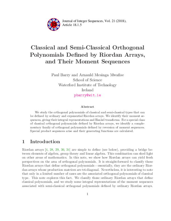 (PDF) Classical and Semi-Classical Orthogonal Polynomials Defined by Riordan Arrays, and Their ...