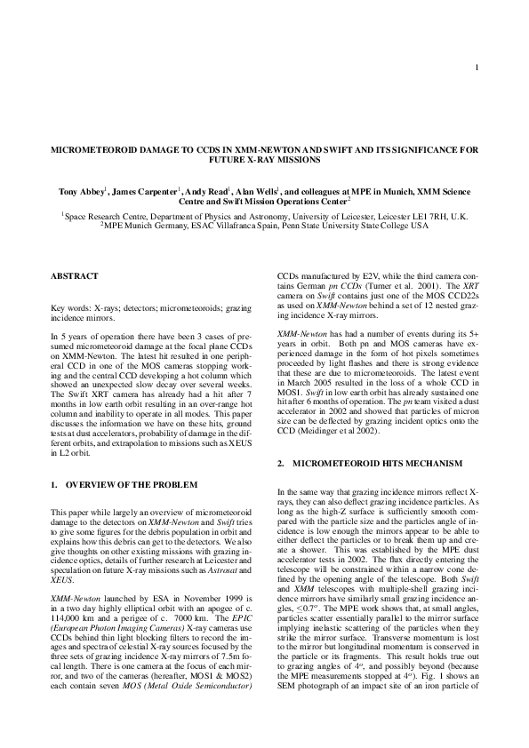 (PDF) Micrometeoroid damage to CCDS in XMM-Newton and swift and its ...