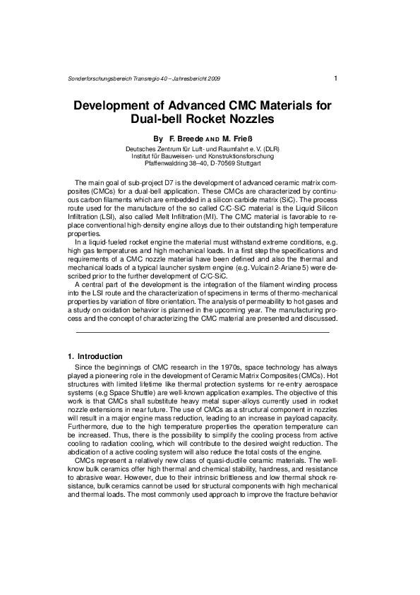 (PDF) Development of Advanced CMC Materials for Dual-bell Rocket Nozzles