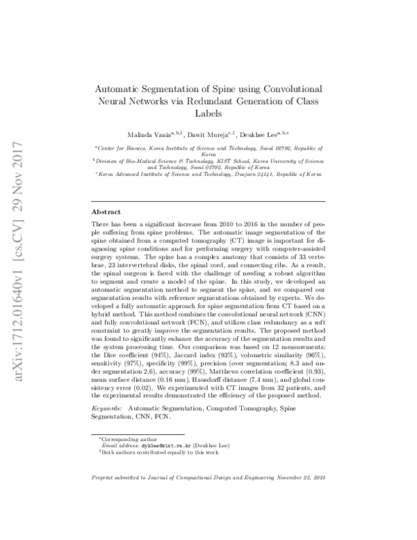 Pdf Automatic Segmentation Of Spine Using Convolutional Neural Networks Via Redundant
