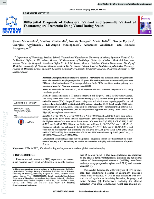 (PDF) Differential Diagnosis of Behavioral Variant and Semantic Variant ...