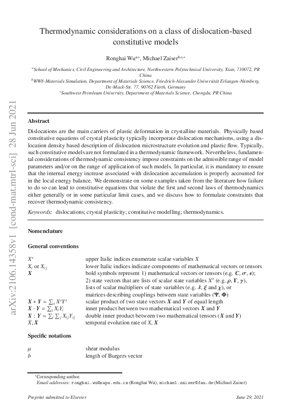 (PDF) Thermodynamic considerations on a class of dislocation-based constitutive models