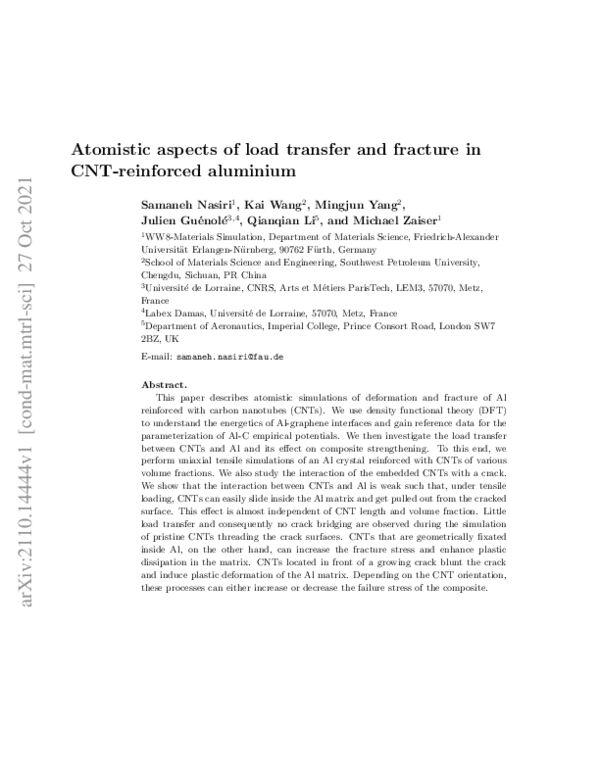 Pdf Atomistic Aspects Of Load Transfer And Fracture In Cnt Reinforced