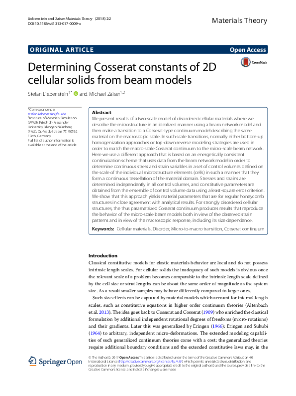 (PDF) Determining Cosserat constants of 2D cellular solids from beam models