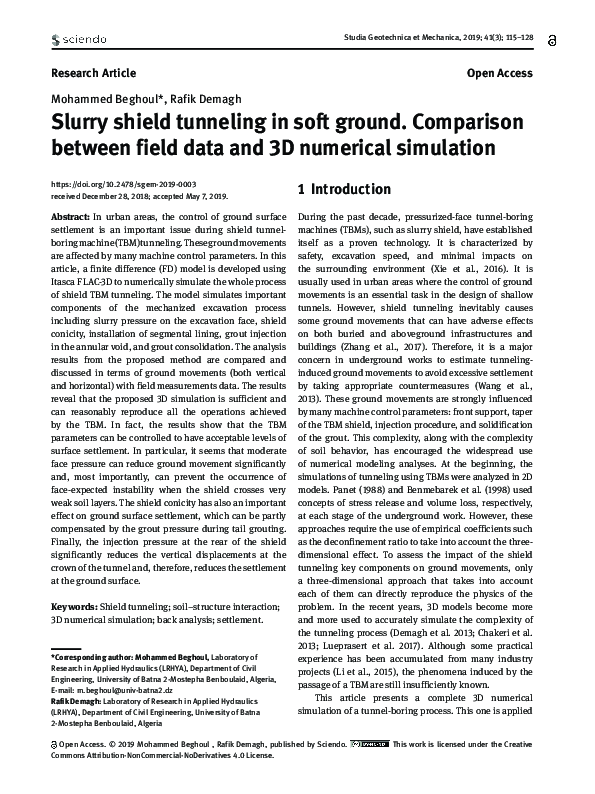 Pdf Slurry Shield Tunneling In Soft Ground Comparison Between Field Data And 3d Numerical