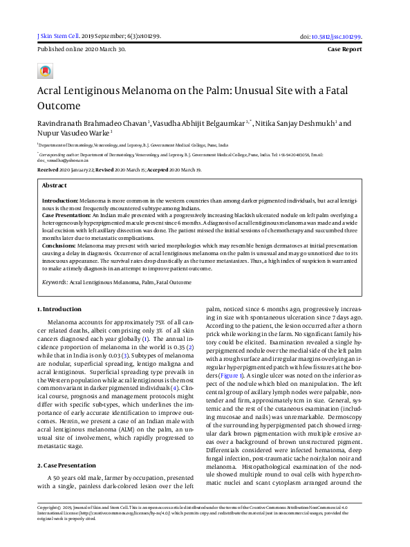 (PDF) Acral Lentiginous Melanoma on the Palm: Unusual Site with a Fatal ...