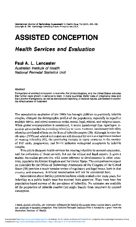 (PDF) Assisted Conception: Health Services and Evaluation