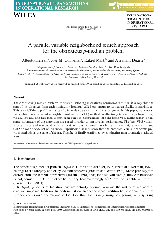 Pdf A Parallel Variable Neighborhood Search Approach For The Obnoxious P Median Problem