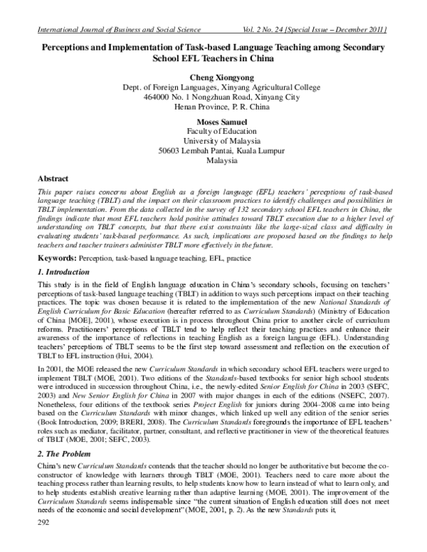 (PDF) Perceptions and Implementation of Task-based Language Teaching among Secondary School EFL ...