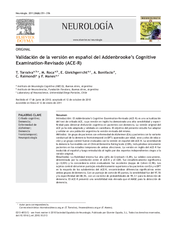 (PDF) Validación de la versión en español del Addenbrooke's Cognitive ...