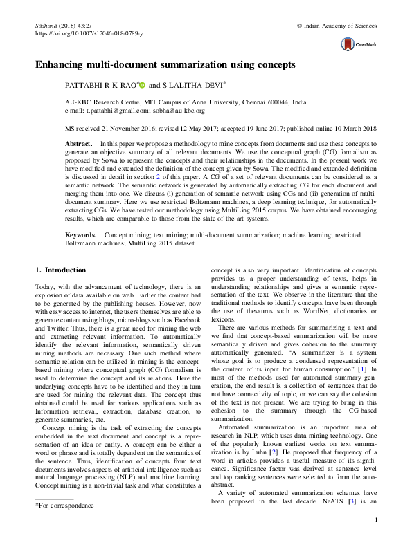 Pdf Enhancing Multi Document Summarization Using Concepts