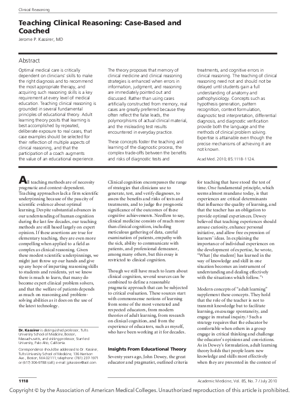 (PDF) Clinical Reasoning Teaching Clinical Reasoning : Case-Based and ...