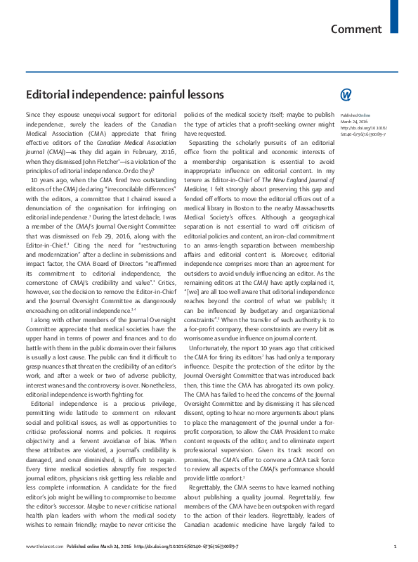 (PDF) Editorial independence: painful lessons