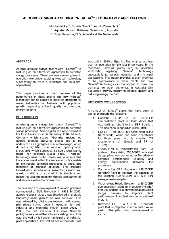 (PDF) Aerobic Granular Sludge “Nereda” Technology Applications