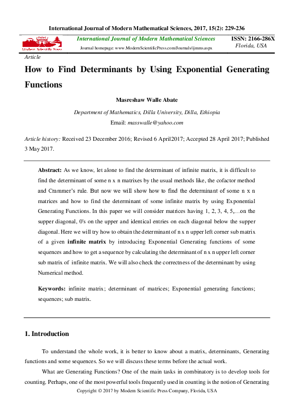 Pdf How To Find Determinants By Using Exponential Generating Functions