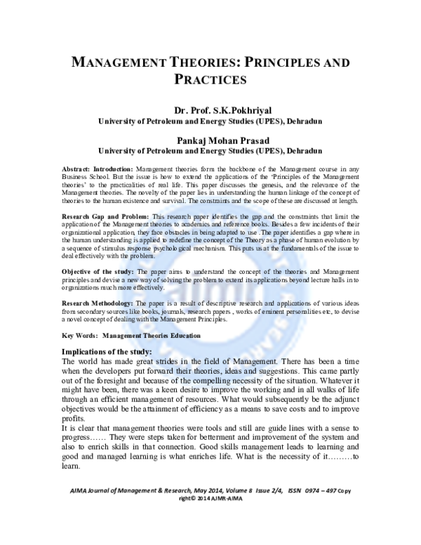 (PDF) MANAGEMENT THEORIES: PRINCIPLES AND PRACTICES