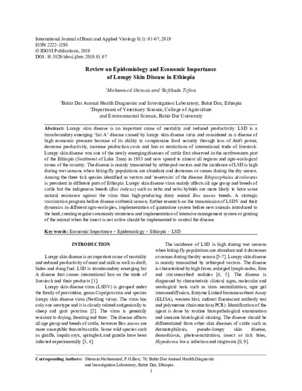 (PDF) Review on Epidemiology and Economic Importance of Lumpy Skin ...