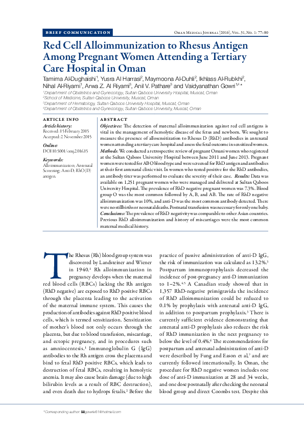 (PDF) Red Cell Alloimmunization to Rhesus Antigen Among Pregnant Women ...