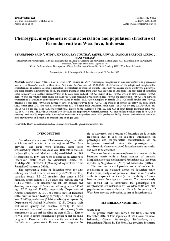 (PDF) Morphometric and Phenotypic Analysis of Pasundan Cattle