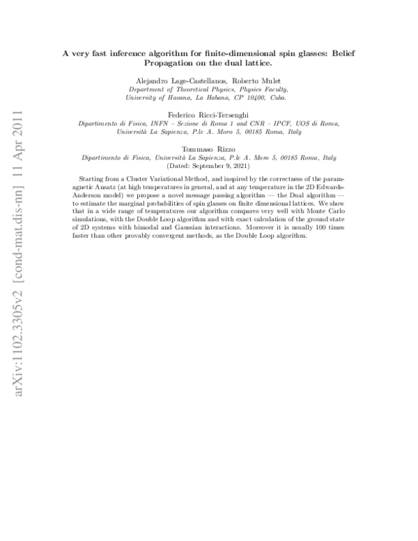 (PDF) A very fast inference algorithm for finite-dimensional spin glasses: Belief Propagation on ...