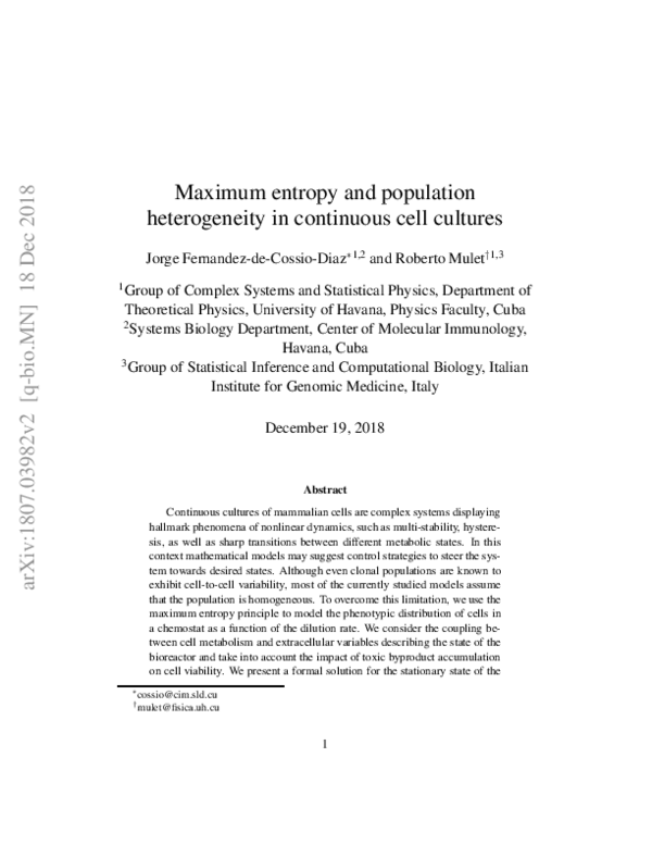 (PDF) Maximum Entropy in Heterogeneous Cell Cultures