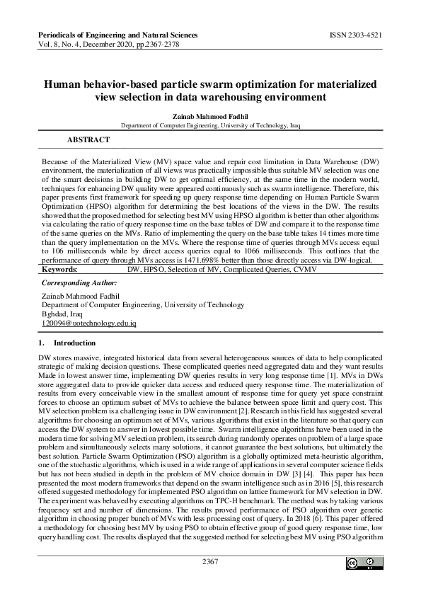 Pdf Human Behavior Based Particle Swarm Optimization For Materialized View Selection In Data