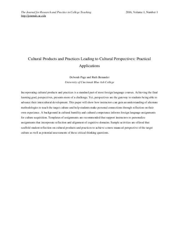 (PDF) Cultural Products and Practices Leading to Cultural Perspectives ...