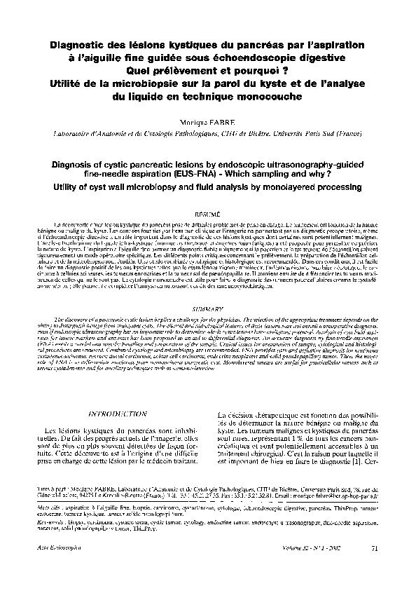 (PDF) Diagnostic des lésions kystiques du pancréas par l'aspiration à l ...