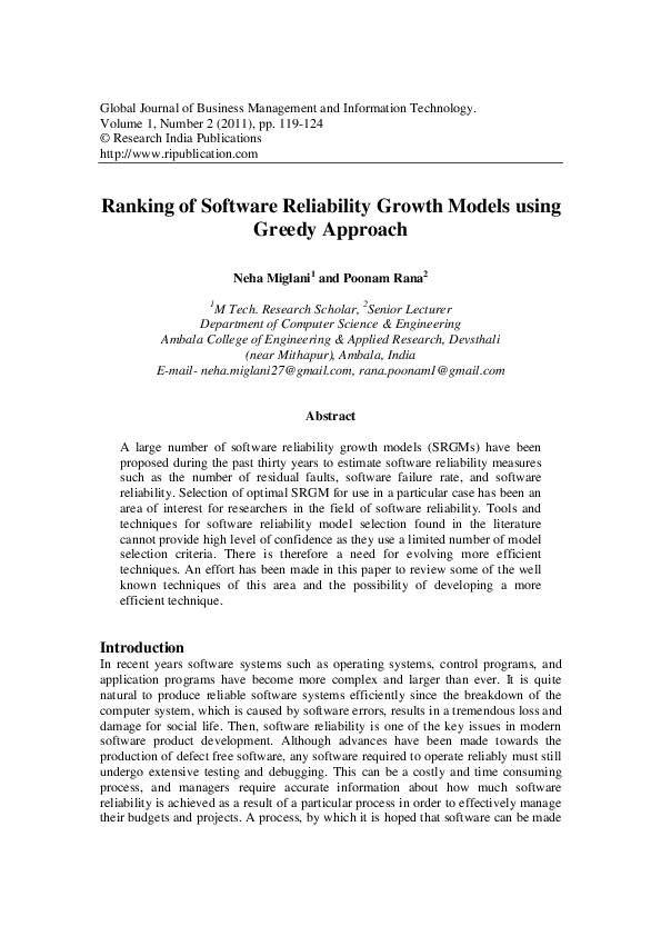 (PDF) Ranking of Software Reliability Growth Models using Greedy Approach
