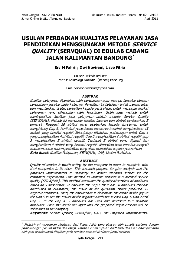 (PDF) Usulan Perbaikan Kualitas Pelayanan Jasa Pendidikan Menggunakan Metode Service Quality ...