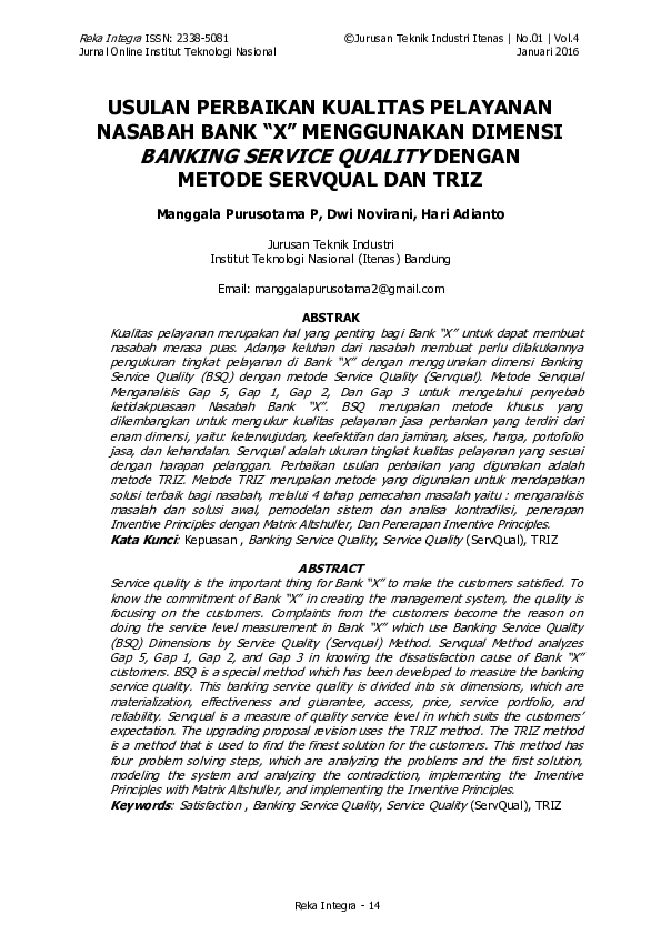 (PDF) Usulan Perbaikan Kualitas Pelayanan Nasabah Bank “X” Menggunakan Dimensi Banking Service ...