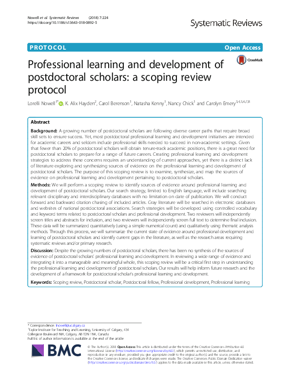 (PDF) Professional learning and development of postdoctoral scholars: a ...