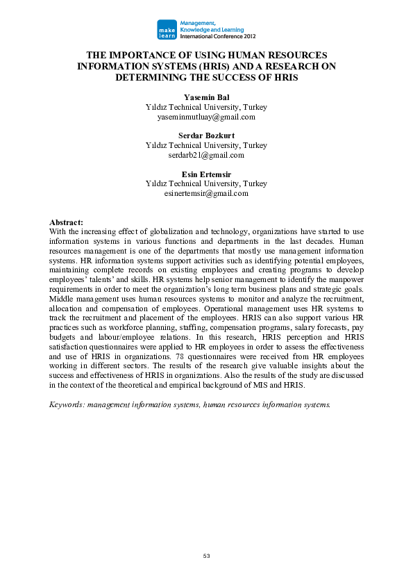 (PDF) The Importance of Using Human Resources Information Systems (HRIS) and a Research on ...