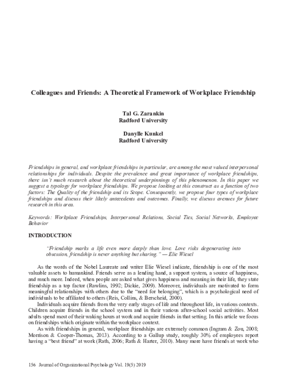 (PDF) Colleagues and Friends: A Theoretical Framework of Workplace ...