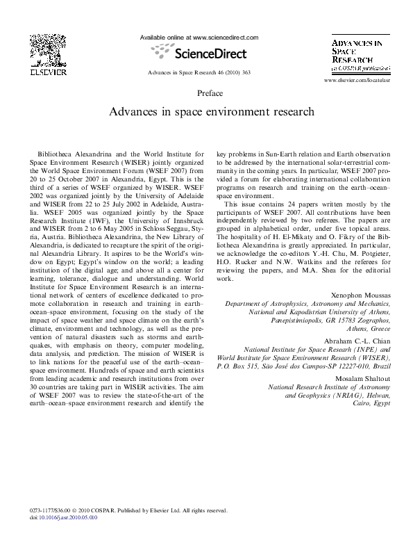 (PDF) Advances in space environment research