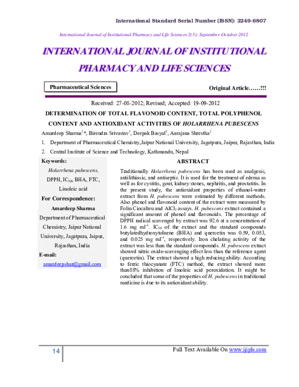 (PDF) Determination of Total Flavonoid Content, Total Polyphenol Content and Antioxidant ...