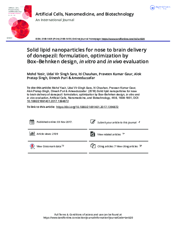 Pdf Solid Lipid Nanoparticles For Nose To Brain Delivery Of Donepezil Formulation