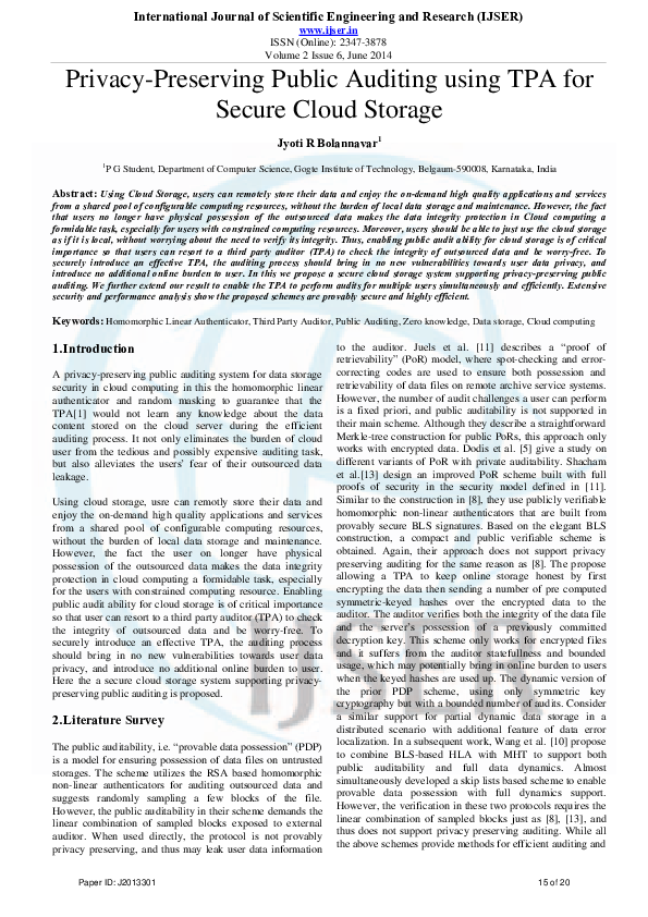 Pdf Privacy Preserving Public Auditing Using Tpa For Secure Cloud Storage