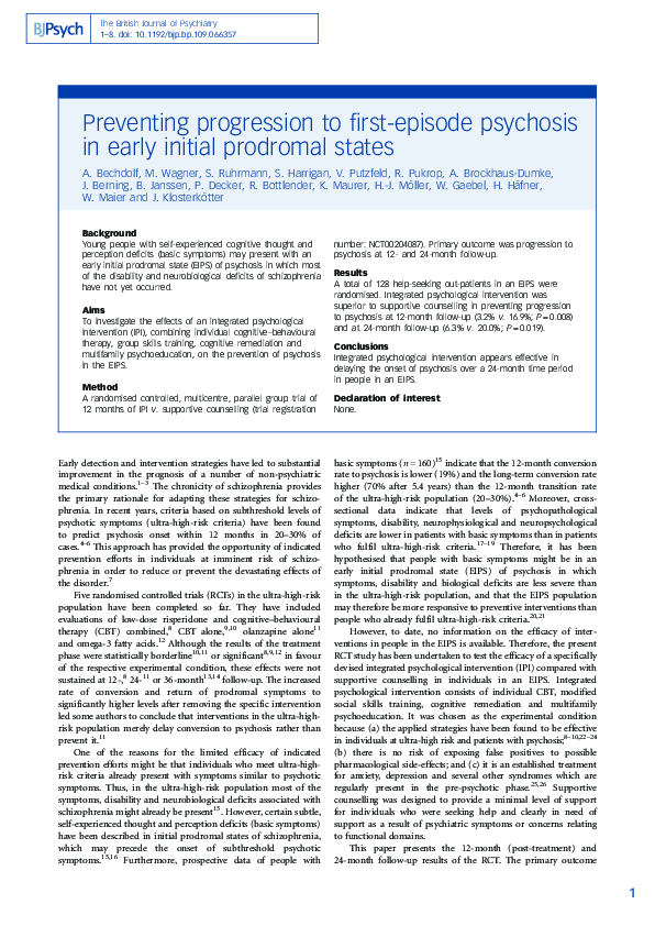 (PDF) Preventing progression to first-episode psychosis in early ...