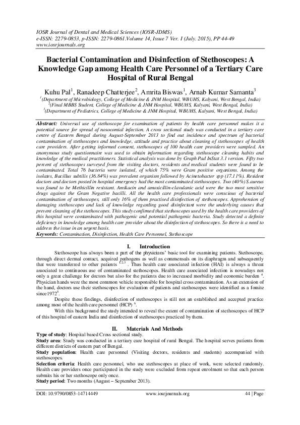 (PDF) Bacterial Contamination and Disinfection of Stethoscopes: A ...