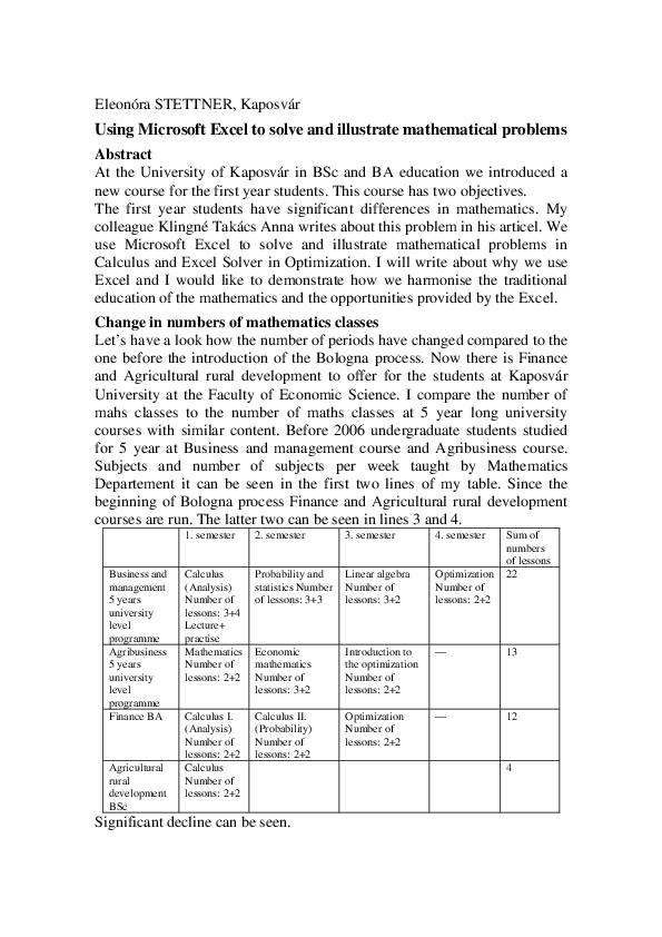 (PDF) Using Microsoft Excel to solve and illustrate mathematical problems