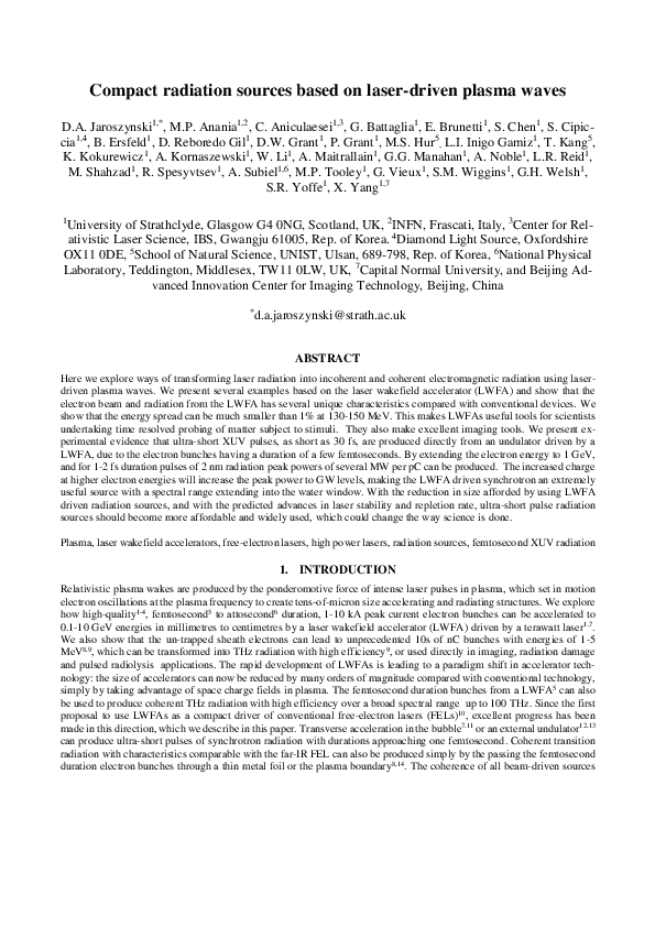(PDF) Compact radiation sources based on laser-driven plasma waves