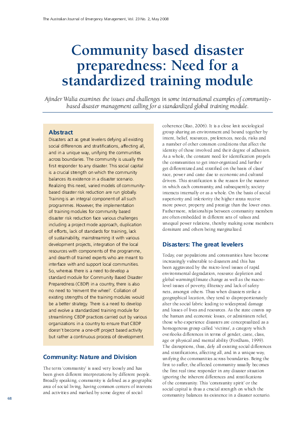 (PDF) Community Based Disaster Preparedness: Need for a Standardized ...