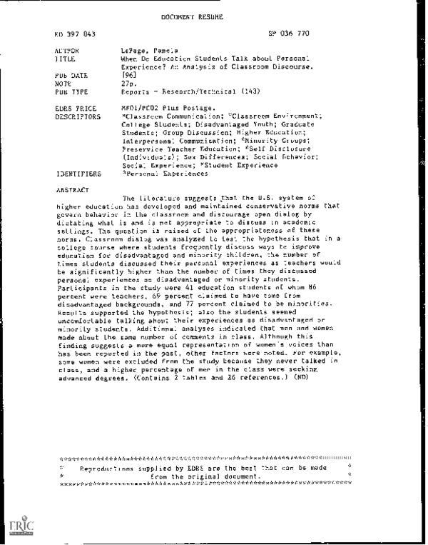 Pdf An Analysis Of Classroom Discourse
