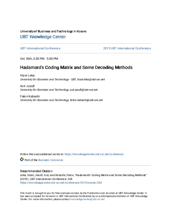 (PDF) Hadamard's coding matrix and some decoding methods