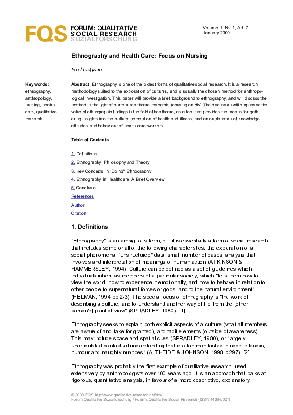 (PDF) Ethnography and health care: Focus on nursing